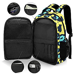 Anneunique Leopard Print Blue Yellow Backpack Custom Multifunctional Waterproof Laptop Bag for Travel Gift