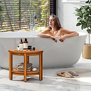 DWVO Teak Shower Bench 18" Shower Stool Corner Bench with Storage Shelf, Corner Seat for Inside Shower, Shower Stool Seat with Non-Slip Feet for Bathroom, Living Room, Indoor and Outdoor Use