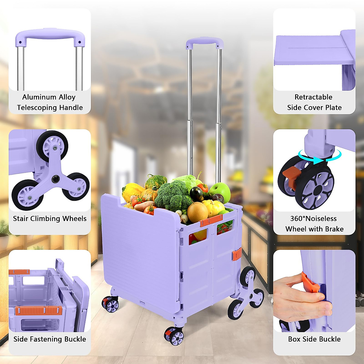 Foldable Utility Cart Collapsible Portable Crate Rolling Carts with Stair Climbing Wheels Tote Basket with Magnetic Lid Telescopic Cover Wear-Resistant 360°Rotate Wheel Noiseless for Shopping Office