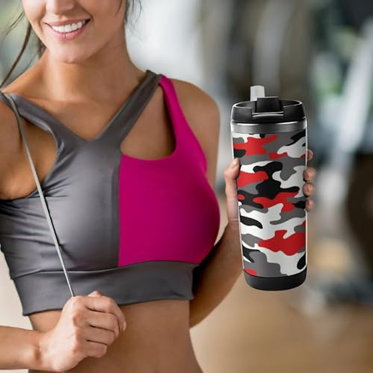 OXJOIIS Modern Insulated Tumbler Coffee Mug with Flip Stainless Steel Water Bottle Iced Coffee Travel Mug Cup (Military Red Camo Army Camouflage)