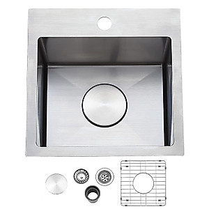 VAPSINT 15x15 inch 304 Stainless Steel Drop in Wet Bar Sink,Single Bowl Topmount Prep Rv Small Kitchen Sink with Grid and Drain