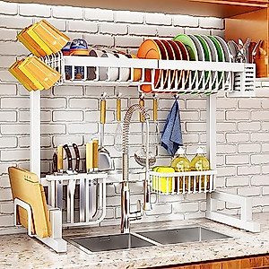 Over The Sink Dish Drying Rack, Adjustable (26.8" to 34.6") Large Dish Drying Rack for Kitchen Counter with Multiple Baskets Utensil Sponge Holder Sink Caddy, 2 Tier White
