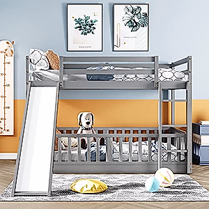 RORIGAT Twin Over Twin Floor Bunk Bed with Slide and Ladder, Low Bunk Bed for Kids Boys Girls Teens, Gray