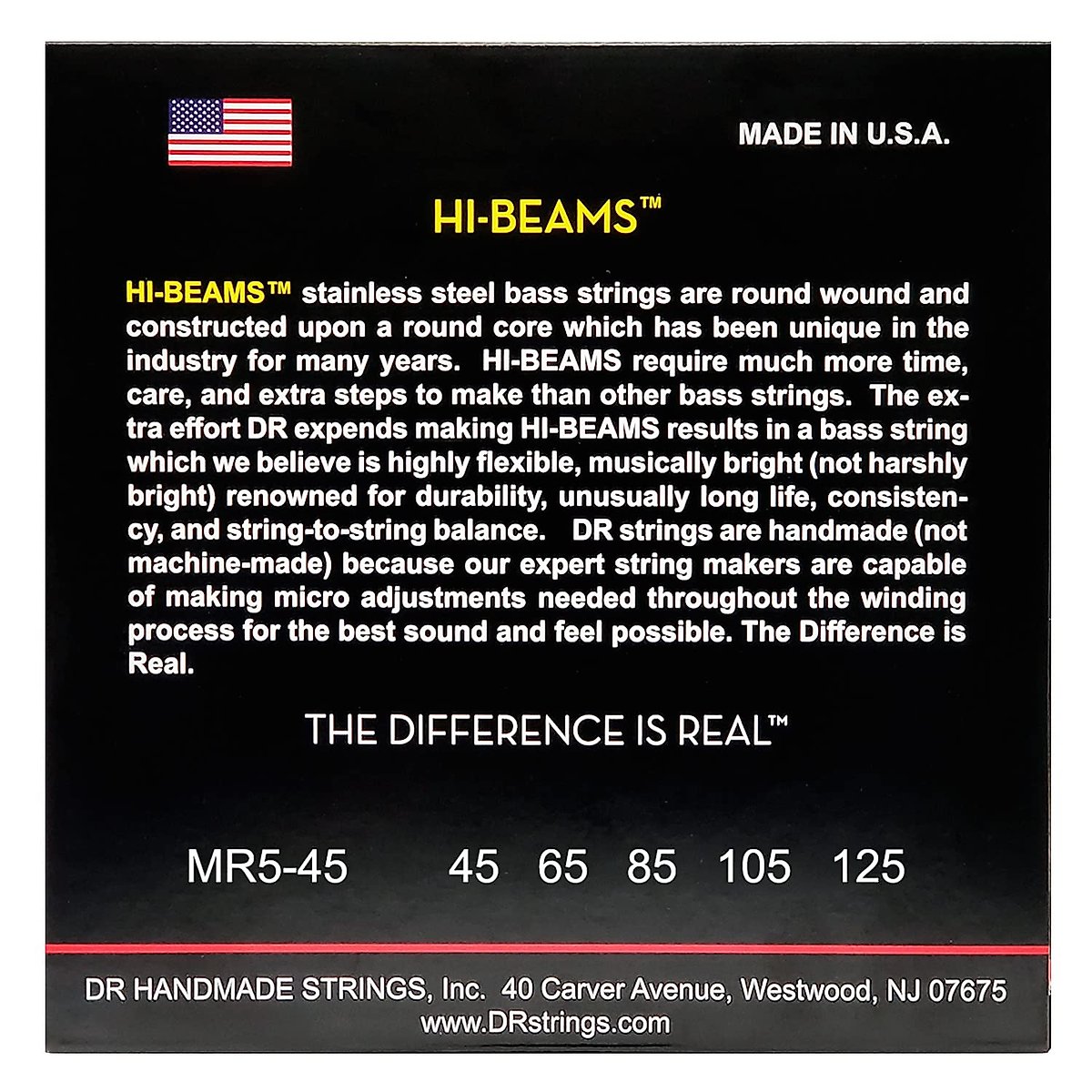 DR Strings HI-BEAMS - Stainless Steel 5-String Bass Guitar Strings, 45-125, Round Core