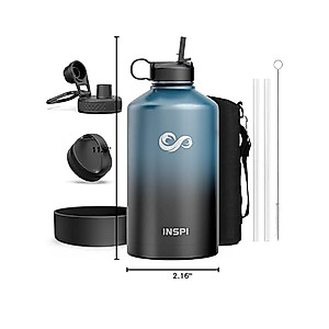 Water Bottle Insulated, INSPI Gallon Water Bottle with Straw&3 Lids, Large Wide Mouth Triple Wall Vacuum Stainless Steel Metal Hydro Jug, Keep Cold for 48Hrs and Hot for 24Hrs, (Indigo/Black, 128oz)