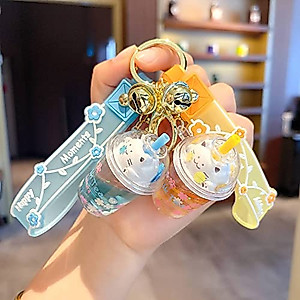 Sunfans Girls Women Keychain, Summer Beautiful Flower Milk Tea Bubble Tea Lucky Fortune Cat Cup Moving Sand Liquid Keyrings, Acrylic Car Key Chain Key Ring Bag Pendant Key Holder Wrist Strap -Pink