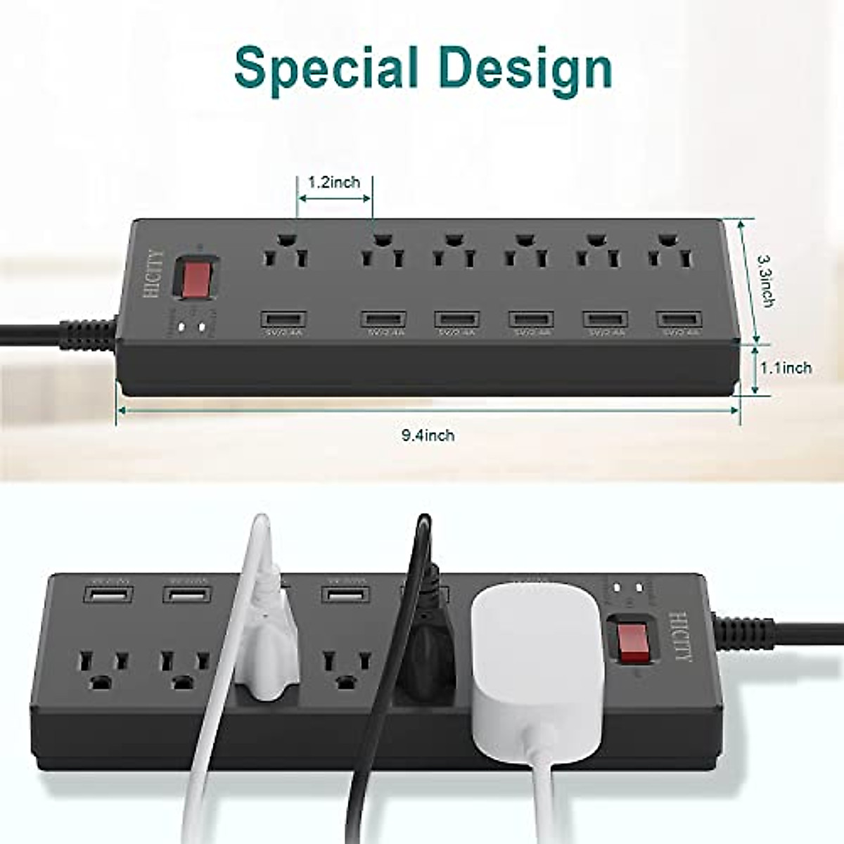Power Strip, HICITY Surge Protector with 6 AC Outlets and 6 USB Ports, Wall Mountable Flat Plug Extension Cord, 1625W/13A, Widely Spaced Outlet for Home, Office, Hotel (6ft, Black)