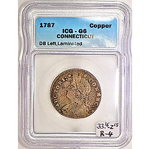 1787 No Mintmark Colonial Copper DB Left, Laminated, 33.16-z15, R-4; ICG Certified Connecticut G-06