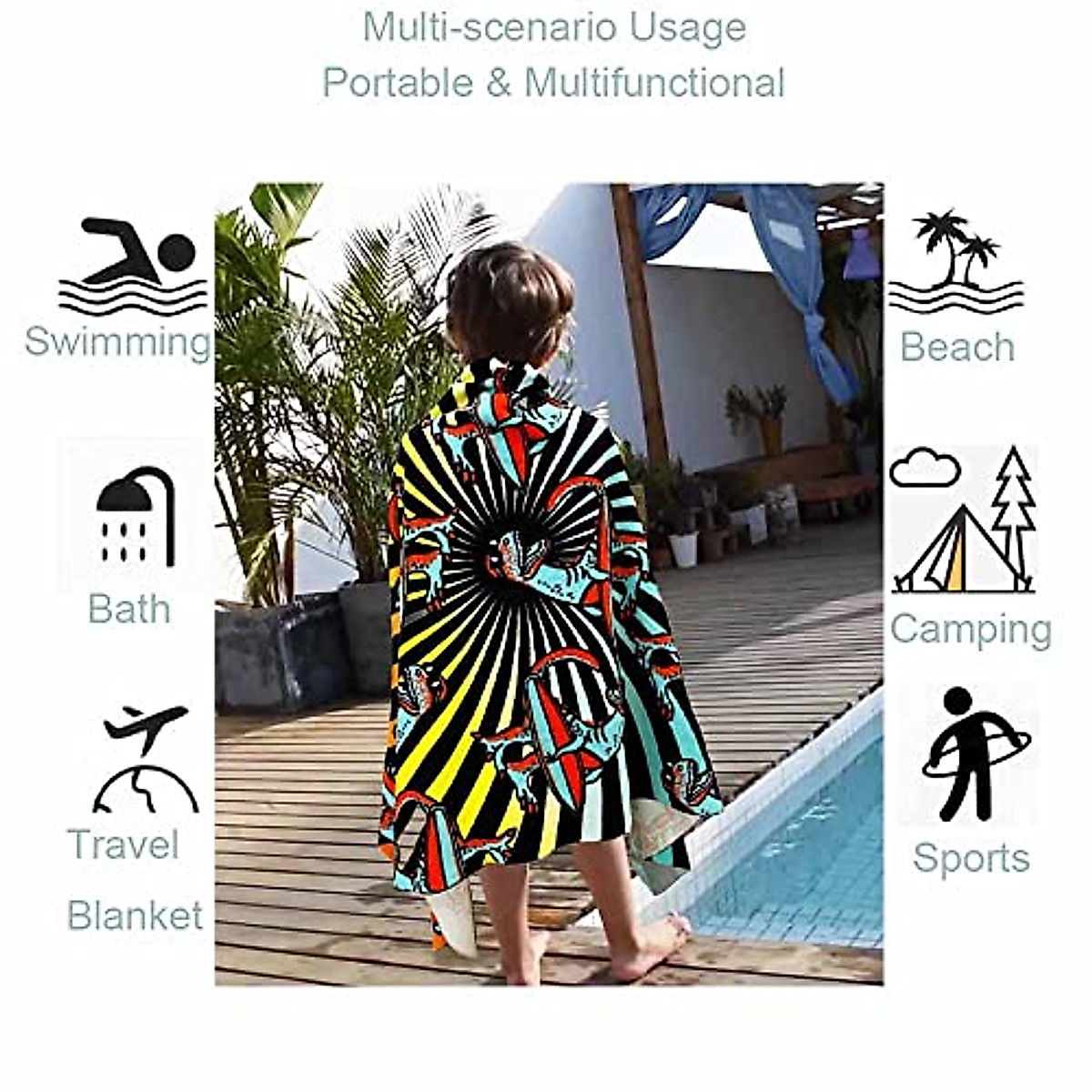 PINKEONLINE Dinosaur Beach Towels for Kids Terry Blanket Throw Microfiber 27.5X55 inches for Bath Swim Camping and Sport, Surfing Dino.