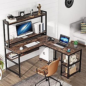 TRIBESIGNS WAY TO ORIGIN L-Shaped Desk with Storage Shelves, 59” Corner Computer Desk with Hutch, Industrial L Shaped Office Desk Gaming Table Workstation for Home Office (Rustic Brown)