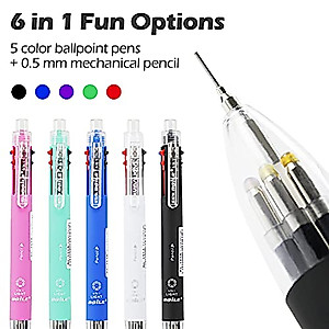 Baile 6 in 1 Multifunctional Ballpoint Pens 5 Colors 0.7 mm Ballpoint Pen and 0.5 mm Mechanical Pencil in One Pen, Pack of 5