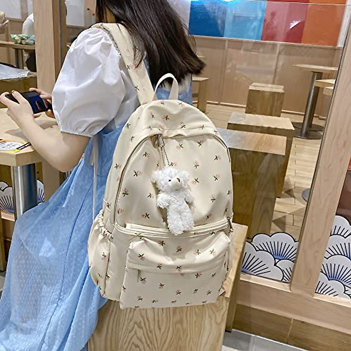 milochic Kawaii Backpack with Kawaii Plush Pendant Floral Prints Aesthetic Backpack for Women Large Capacity Simple Backpack for Travel Causal