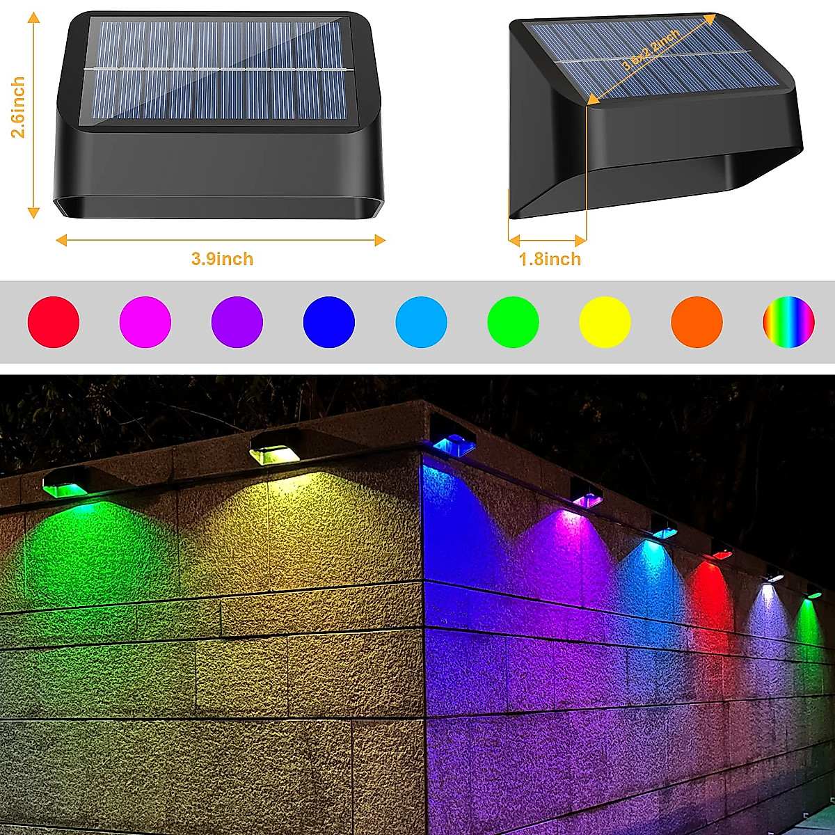 FLITI Solar Lights Outdoor 8 Pack, RGB 8 Colors, Dusk to Dawn Deck Light, Solar Deck Lights for Outside IP65 Waterproof, Backyard/Railing/Wall/Step/Patio/Fence