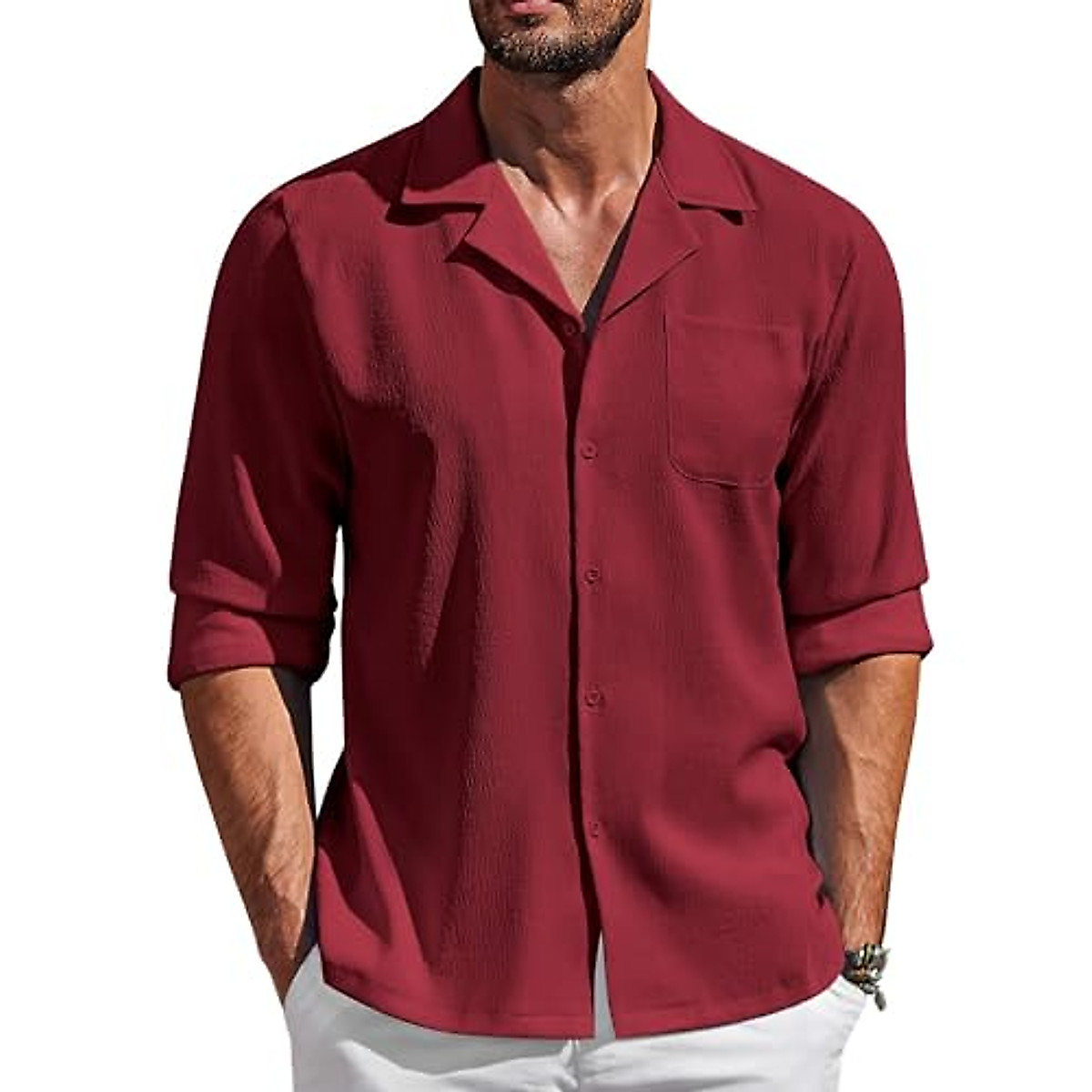 COOFANDY Casual Dress Shirts Men Untucked Button Down Shirts Beach Shirts Christmas Shirt Wine Red Large