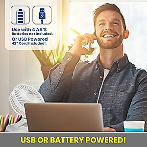 My Foldaway Fan Mini Desktop Fan | Ultra-Portable Lightweight Compact Tabletop Fan | Extends up to 12” | 2 Speed Modes | Uses AA Batteries or USB Power Wire | Desk Fan, Nightstand Use | Whisper Quiet