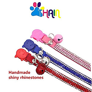 THAIN Basic Adjustable Cat Collar Bling Diamond Breakaway with Bell for Kitten Girl boy (Pink)
