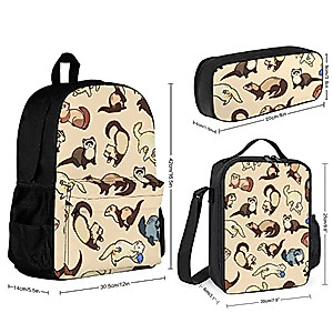Supdreamc 3 Piece Rucksacks Hairy Ferret Art Camping Outdoor Backpack Sets - Large Capacity Multipurpose Carry On Bag+Lunch Bag+Pencil Case