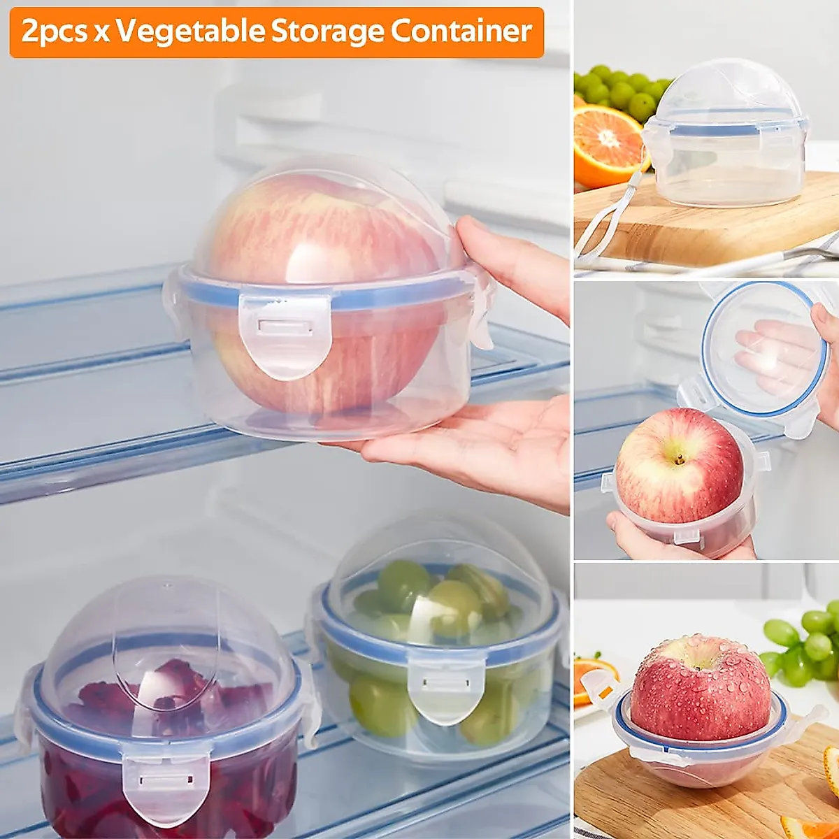 EMVANV 2 PCs Small Fruit & Vegetable Storage Containers With Lid, Onion & Tomato Lemon Apple Produce Saver Holder, Portable Savers, Transparent