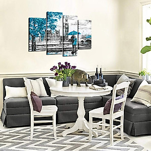 KREATIVE ARTS Black and White Wall Art HD Prints Landscape Canvas Paintings Blue London Street Artwork Man and Woman Under Red Umbrella Modern Wall Decor Pictures