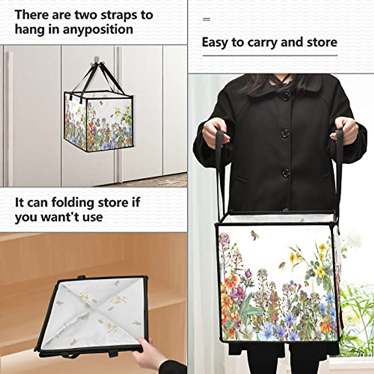 Kigai Flowers and Animals Cube Storage Bins, 13x13x13inch Collapsible Fabric Storage Cubes Organizer with Handles Decorative Storage Baskets for Home, Shelf, Closet