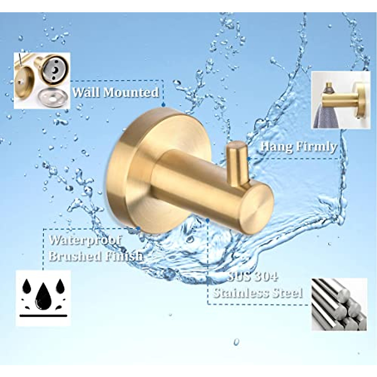 SHUNLI 2 Pack Bathroom Hooks Wall Hook, Brushed Gold Towel Hooks Bath Coat Robe Hanger Holder, SUS304 Stainless Steel Heavy Duty Wall Mounted Hook