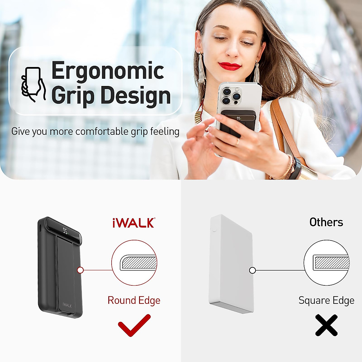 iWALK MAG-X Magnetic Wireless Power Bank with Stand, 5000mAh Portable Charger with USB-C Port & LED Display, Ergonomic Grip Design Battery Pack Compatible with iPhone 15/14/13/12 Series,For iOS17 Mode