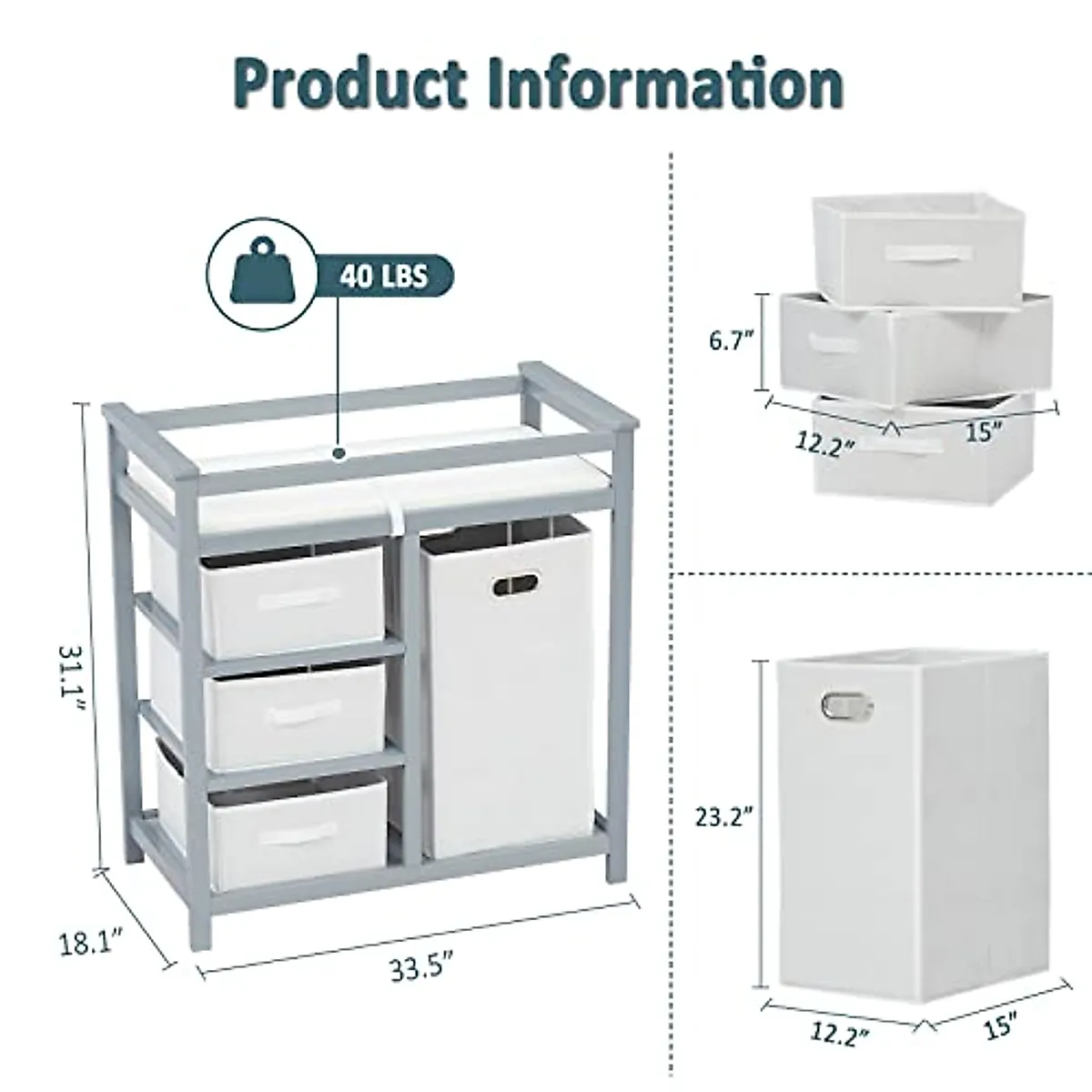 FIZZEEY Changing Table - Baby Changing Table, Diaper Changing Table, Changing Table Station Dresser with Laundry Hamper, 3 Drawer Basket and Changing Pad, Grey
