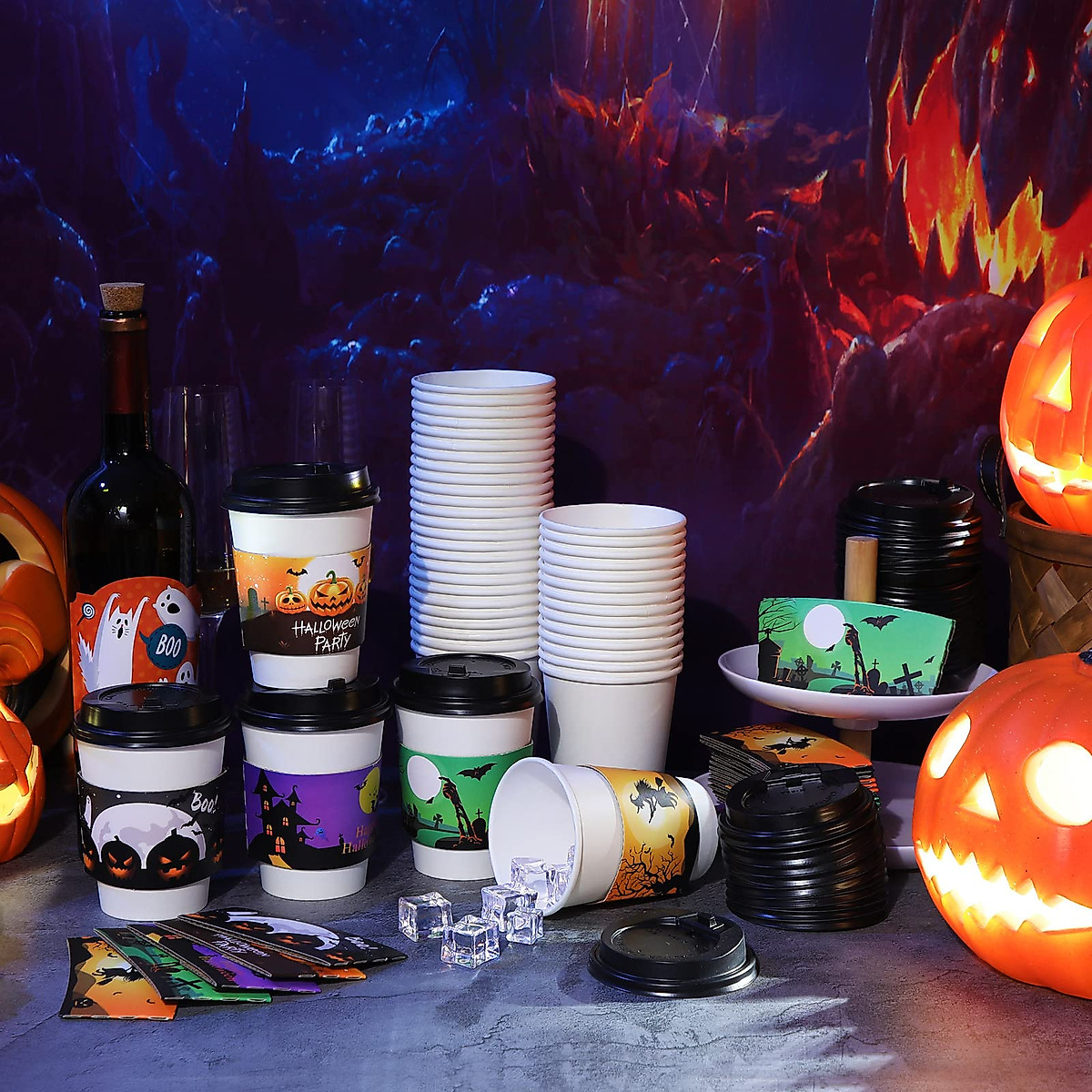 150 Pcs 12 oz Halloween Disposable Coffee Cups with Lids and Coffee Cup Sleeves Paper Hot Coffee Cups Dome Lids and Coffee Cup Tea Cup Sleeves for Halloween Party Decoration Supplies (Horror Pattern)