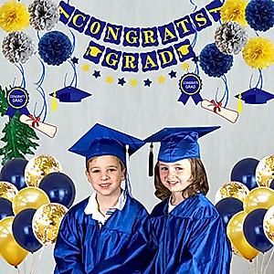 Graduation Decorations, 2023 Grad Party Supplies Blue Yellow CONGRATS GRAD Banner Hanging Swirls Tissue Pom Poms Cupcake Toppers Party Balloons for School Celebration Grad Photo Booth Props