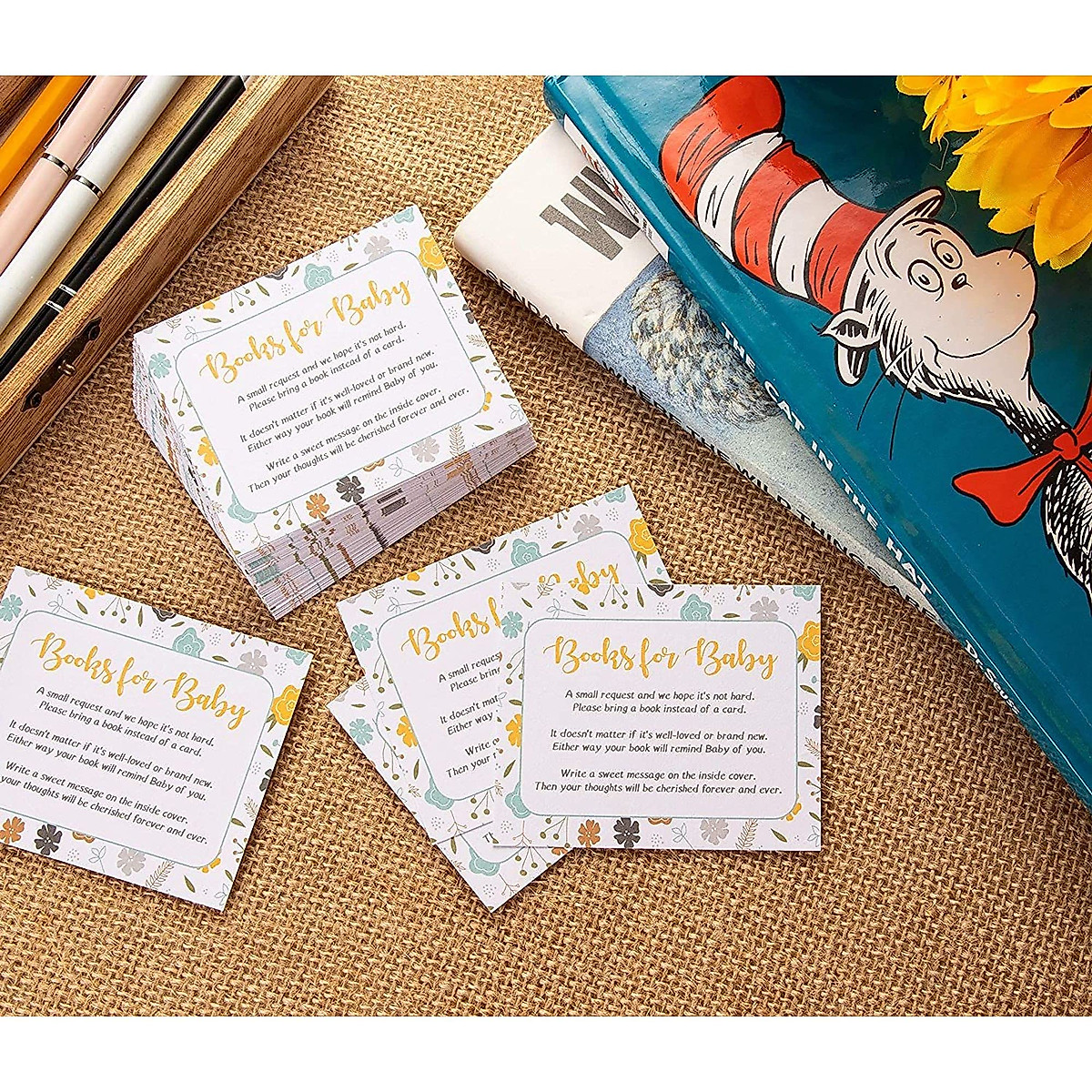 Books for Baby Request Cards - 60-Pack Baby Shower Invitation Insert Card Party Supplies, Gender Reveal Gift Request Card, Unisex Floral Design, 3 x 2.5 Inches