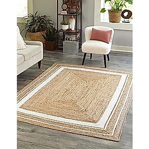 Unique Loom Braided Jute Collection Classic Quality Made Hand Woven with Coastal Design Area Rug, 6 ft x 9 ft, Natural/Ivory