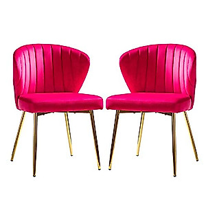 TINA'S HOME Velvet Dining Chairs Set of 2, Modern Upholstered Side Chair with Golden Legs, Small Cute Armless Accent Chair for Living Room, Kitchen, Bedroom, Beauty Room/Fuchsia