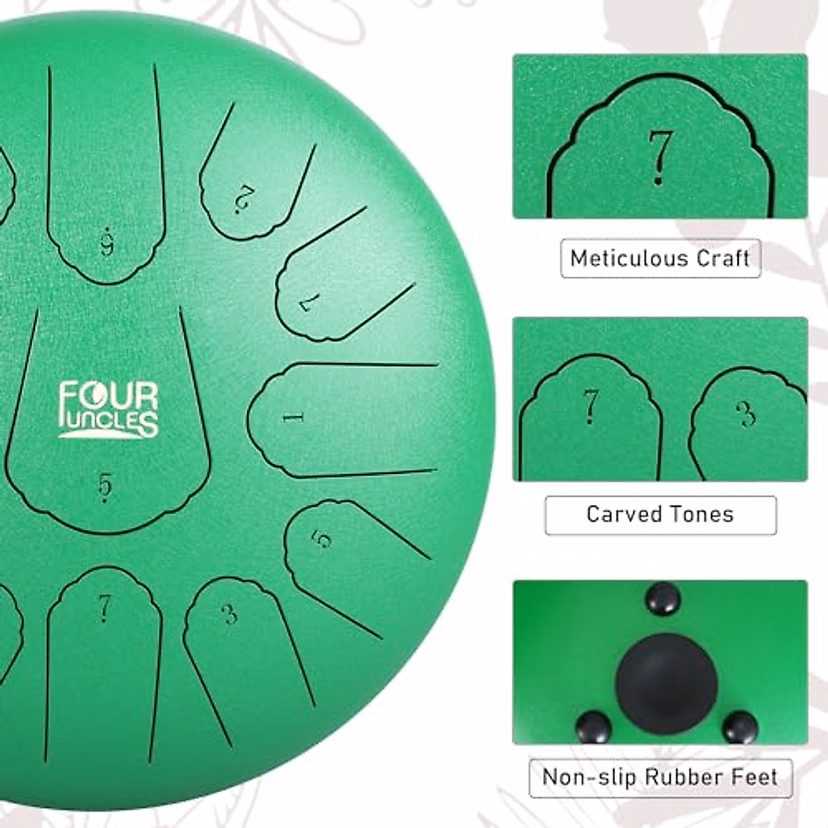 FOUR UNCLES Steel Tongue Drum 12 Inch 13 Notes Hand Pan Drums with Travel Bag Sticks Music Book Mallets, C Major Musical Instruments for Entertainment Meditation Yoga Zen Gifts (Emerald Green)