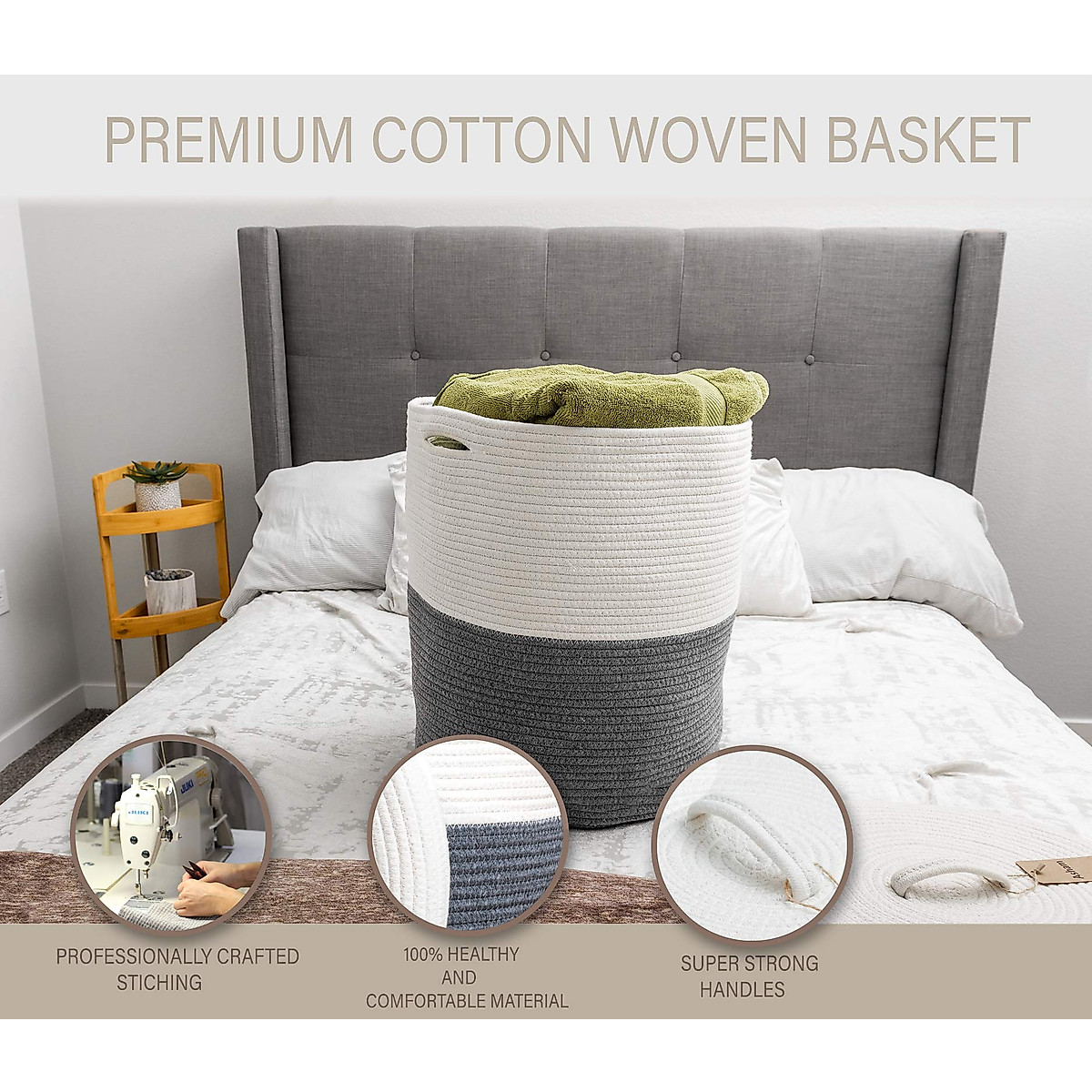 Mevyucr Large Laundry Basket with Lid, Tall Laundry Hamper with Lid, Woven Storage Basket Decorative Cotton Basket for Blankets Clothes Toys Pillows Towels Baby Nursery Bathroom Living Room Kitchen