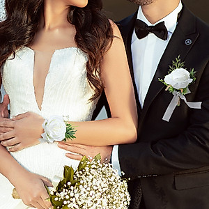 Garisey Artificial Flowers White Rose Wrist Flowers and Men's Corsage Wedding Flowers Ceremony Prom Flower (1 Boutonniere & 1 Wrist Corsage White)