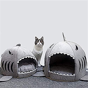 Shark-Shaped House Pet Bed with One Cushion and One Warm Kennels, Cat Bed Small Cat and Dog Cave Comfort Bed, Removable Pet Bed(Light Grey)