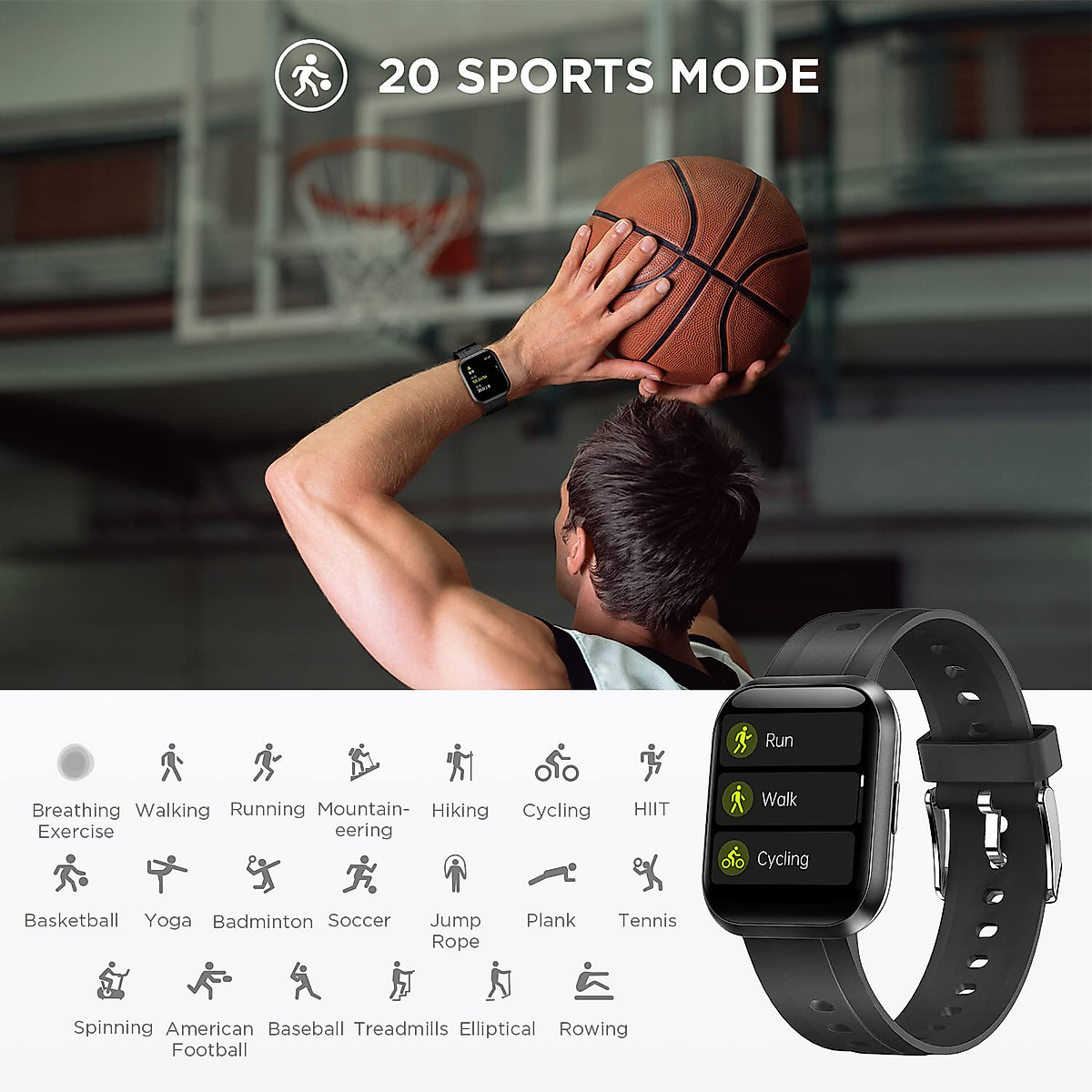 omthing Smart Watch, Fitness Tracker with Heart Rate and Sleep Monitor, 20 Sports Modes, IP68 Waterproof Pedometer, 1.65" Full Touch Screen, Activity Tracker Compatible with Android iOS