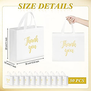 Fumete 50 Pcs Reusable Non Woven Thank You Bags Shopping Bags Grocery Bags Bulk Shopping Merchandise Bag with Handles (White, Gold)