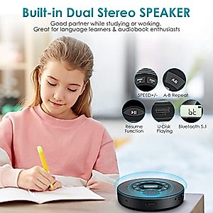 KOVCDVI Portable CD Player for Car Bluetooth CD Player with Speakers 1500mAh Rechargeable Battery Personal CD Players with Display Headphones Memory Function PROG Repeat Mode Supports USB MP3 AUX Play