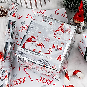 Flyhill Christmas Reversible Wrapping Paper Roll-17in X 33ft(46.8 sqft)-Metallic Foil Shine Red and Gray Gnomes & Christmas Trees Patterns with Joy letterings,Snowflake,Candy Canes for Birthday,Party