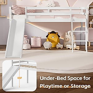 TOLEAD Low Loft Bed with Slide, Wood Twin Loft Bed Frame with Climbing Ladder & Storage Space for Kids Toddler (White)