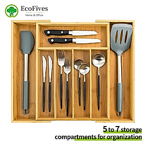 EcoFives Bamboo Drawer Utensil Organizer Expandable 7Slots + Acacia Silverware Organizer Adjustable 5 Slots
