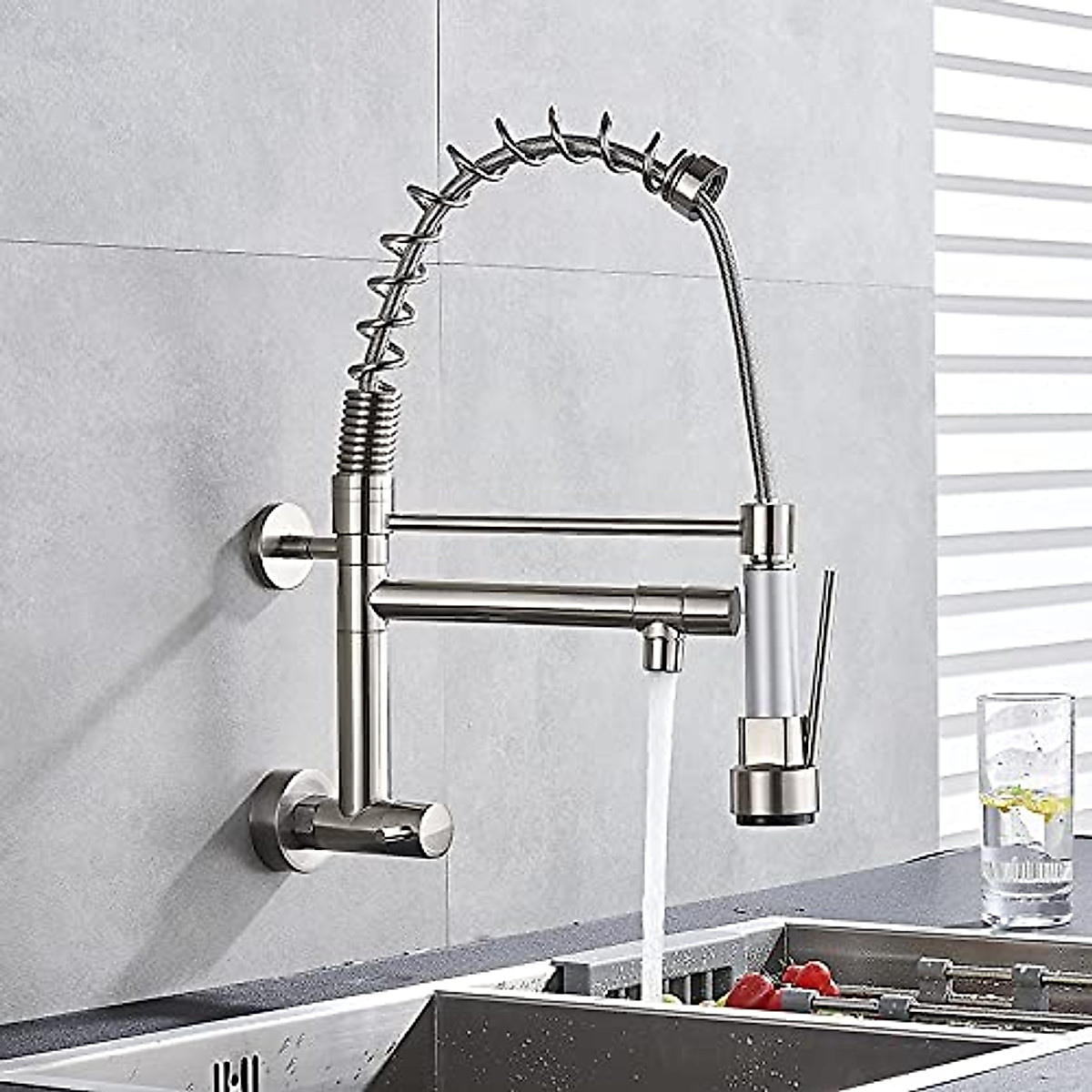 Kitchen Sink Faucet for Bar Farmhouse Commercial, Black/Chrome Brass Kitchen Faucet, Vessel Sink Mixer Tap, Spring Dual Swivel Spouts Sink Mixer, Bathroom Faucets, Wall Mounted Tap (Color : Brushed N