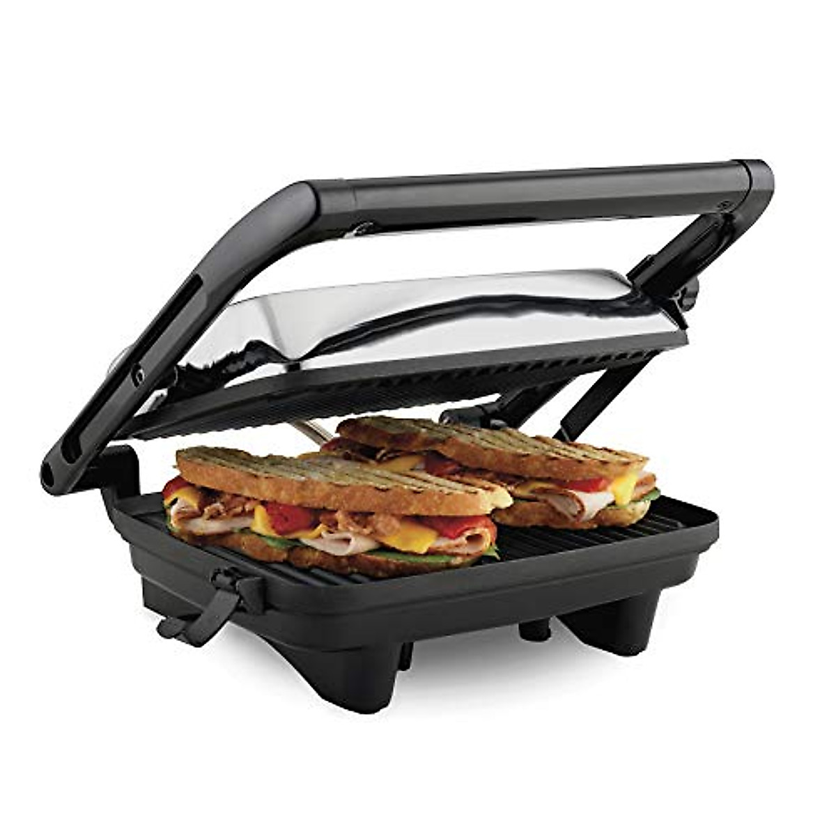 Hamilton Beach Electric Panini Press Grill with Locking Lid, Opens 180 Degrees & Breakfast Sandwich Maker with Egg Cooker Ring, Customize Ingredients