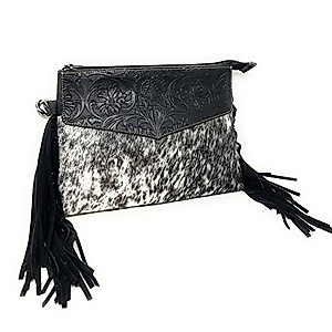 Texas West Handcrafted Genuine Leather Western Cowhide Womens Fringe Clutch Crossbody Bag in 3 Colors (Black)