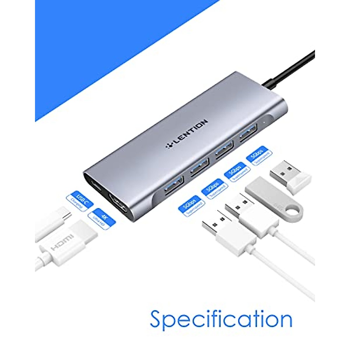 LENTION USB-C Multi-Port Hub with 4K HDMI Output, 100W PD, 4 USB 3.0 Compatible 2023-2016 MacBook Pro, New Mac Air & Surface, Chromebook, More, Stable Driver Adapter (CB-C35, Space Gray)