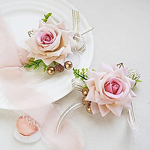 MYQNS Wrist Corsage and Boutonniere Set, Handmade Rose Boutonniere for Men Wedding, Bridal Bridesmaid Hand Flower Corsage Wristlet for Wedding Flowers Accessories Prom Suit Decor