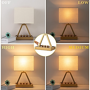 Briever USB Touch Control Table Lamp, 3-Way Dimmable Desk Lamp with USB C & USB A and AC Outlet, Bedside Lamp with Phone Stand and Fabric Shade for Bedroom, Living Room,Bulb Included, Gold