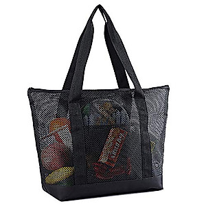Mesh Beach Bags, Grocery Produce Tote Bag with Zipper & Pockets for Gym, Picnic, Shopping or Travel