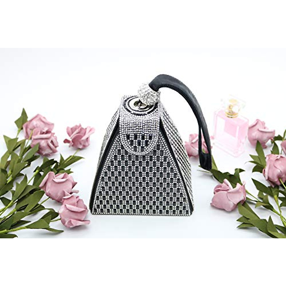 allx Full Rhinestone Fashion Evening Bag Triangle Women (black silver)